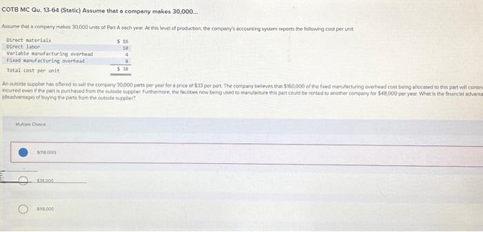Solved COTB MC Qu, 13-64 (Static) Assume that a company | Chegg.com