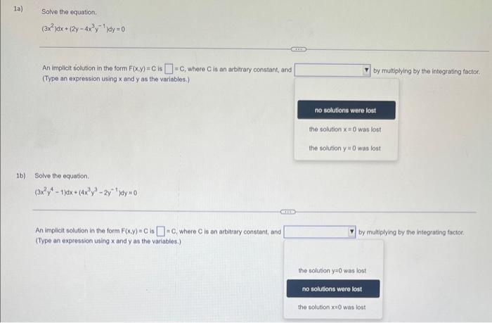 Solved 1a) Solve the equation (3x2)dx+12y−4x3y−1ydy=0 An | Chegg.com