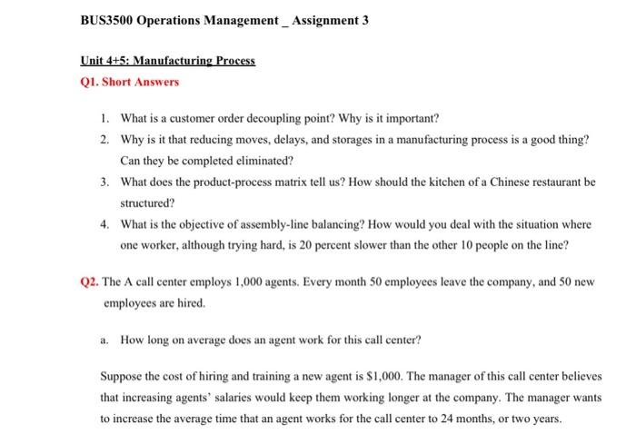 Solved BUS3500 Operations Management Assignment 3 Unit 4+5: | Chegg.com