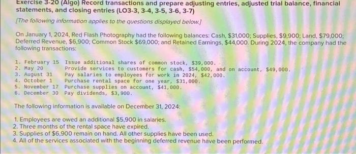 Solved Exercise 3-20 (Algo) Record transactions and prepare | Chegg.com