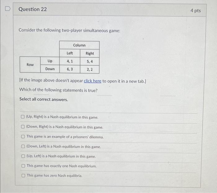 Solved Consider the following two-player simultaneous game: | Chegg.com