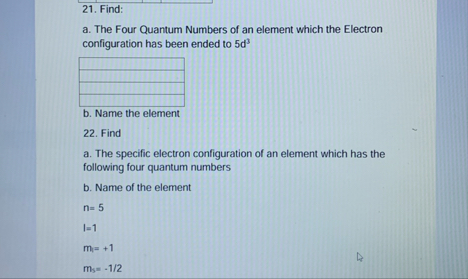 Solved Find:a. ﻿The Four Quantum Numbers of an element which | Chegg.com