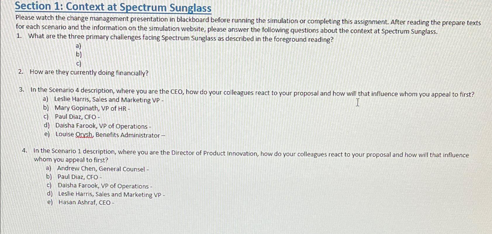 Solved Section 1: Context at Spectrum SunglassPlease watch | Chegg.com