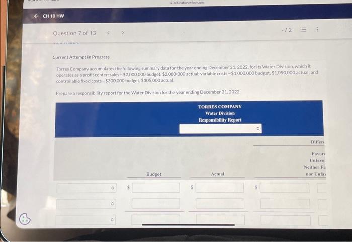 Solved Current Attempt in Progress Torres Company | Chegg.com