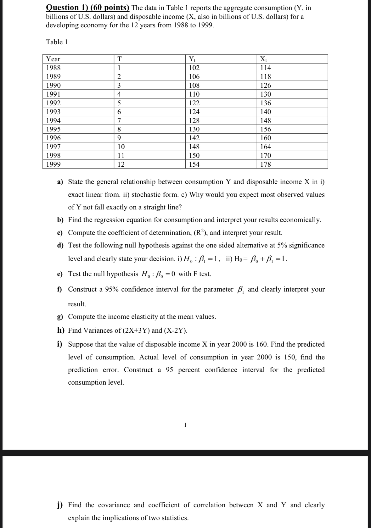 Solved Question 1) ( 60 ﻿points) ﻿The data in Table 1 | Chegg.com