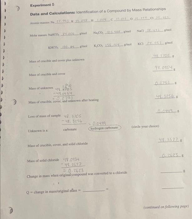 Solved 32 Experiment 5 identification of a Compound by Mass | Chegg.com