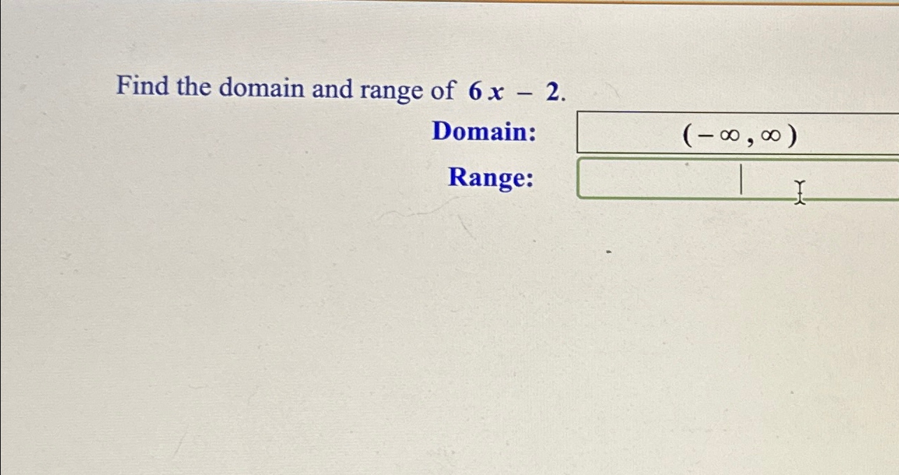 Solved Find the domain and range of 6x-2.Domain:(-∞,∞)Range: | Chegg.com
