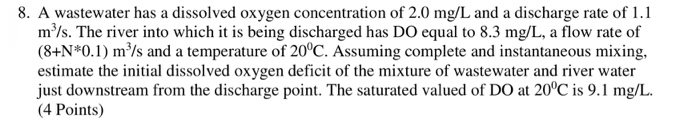 Solved 8. A wastewater has a dissolved oxygen concentration | Chegg.com