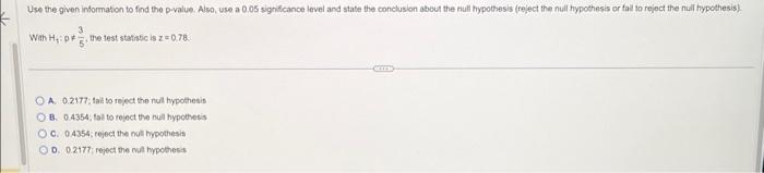 Solved Use the given information to find the p-value. Aso, | Chegg.com