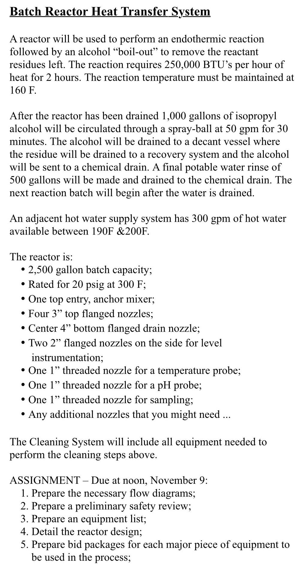 Solved Batch Reactor Heat Transfer System A reactor will be | Chegg.com