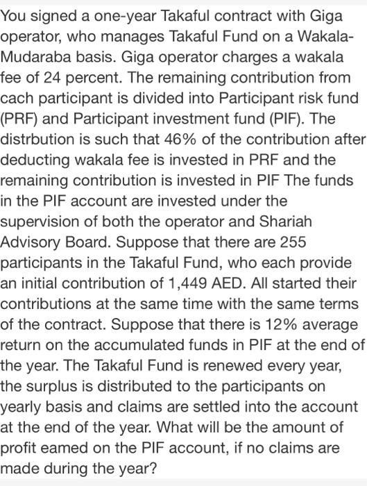 Solved You signed a one-year Takaful contract with Giga | Chegg.com