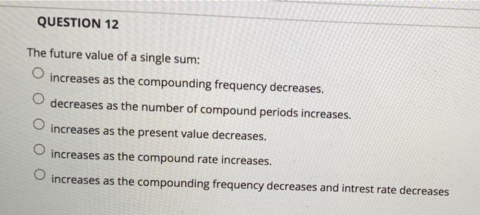 Solved QUESTION 12 The future value of a single sum: O | Chegg.com