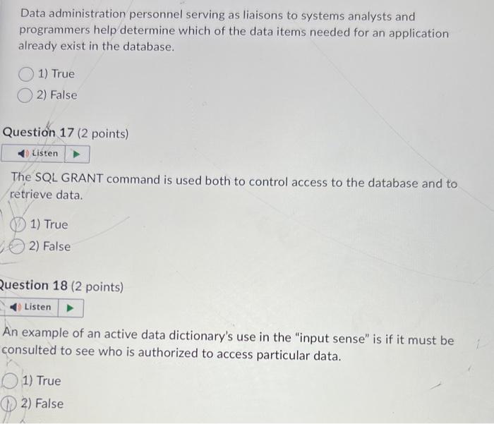 Solved Data administration personnel serving as liaisons to | Chegg.com