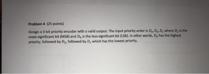 Solved Problem 4 (25 points) Design a 3-bit priority encoder | Chegg.com