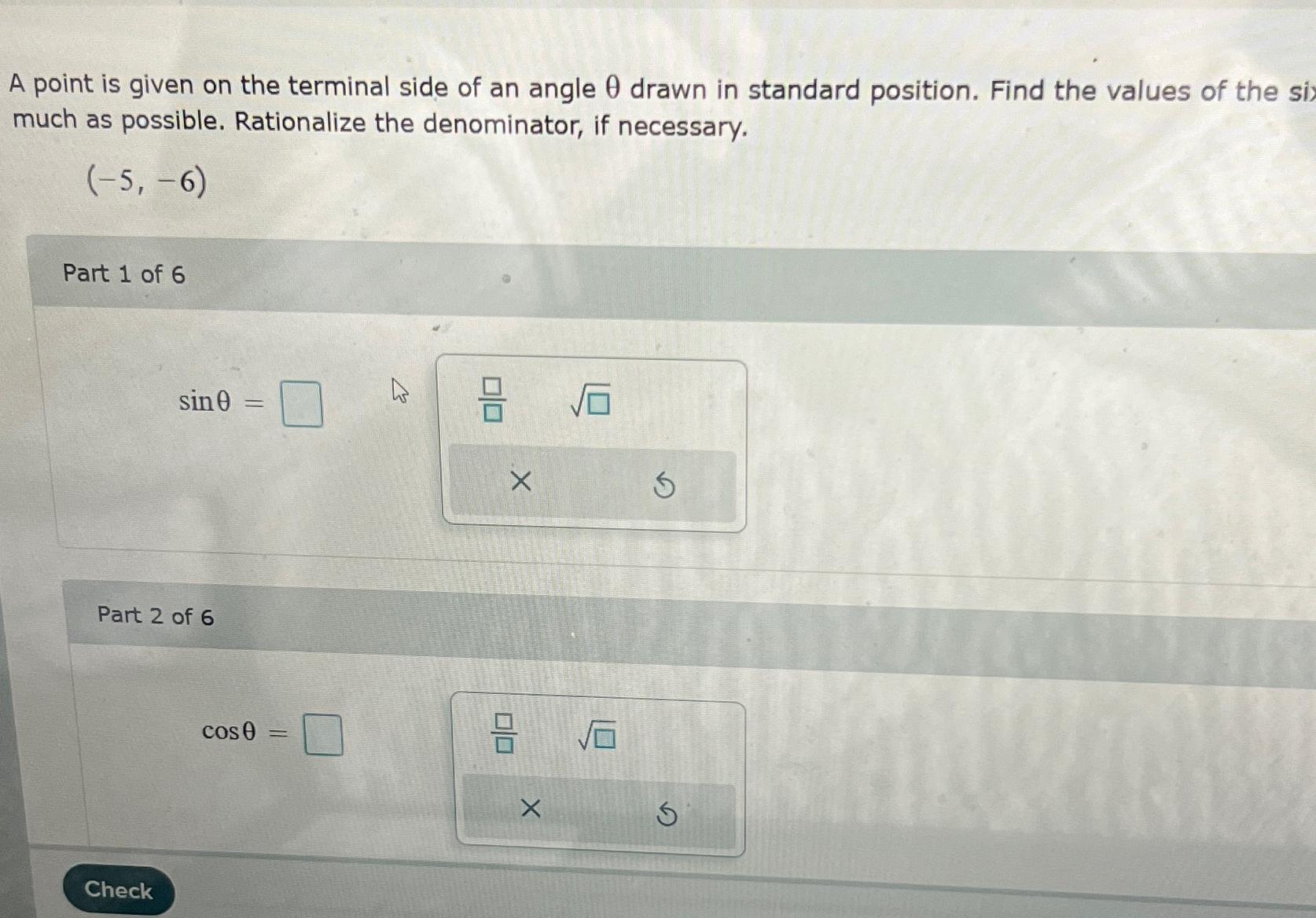 Solved A point is given on the terminal side of an angle θ | Chegg.com