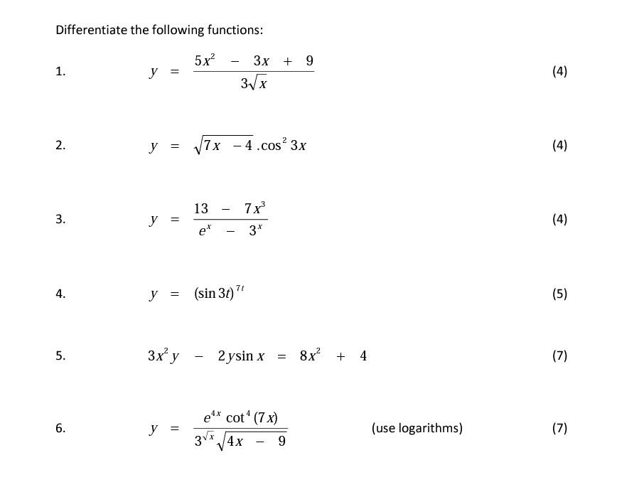 Solved Differentiate the following functions: 58² + 9 1. 3x | Chegg.com