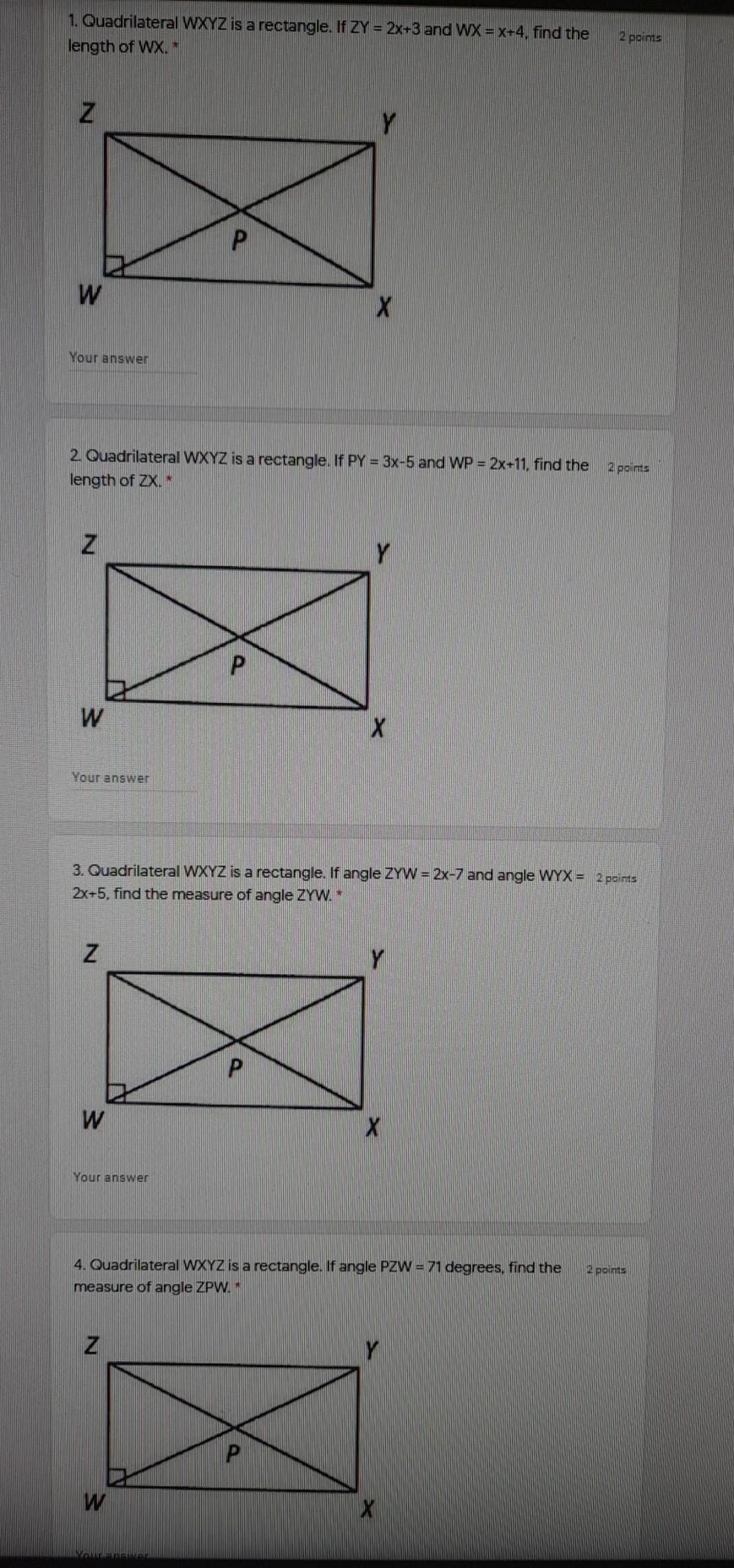 Solved 1. Quadrilateral WXYZ is a rectangle. If ZY = 2x+3 | Chegg.com