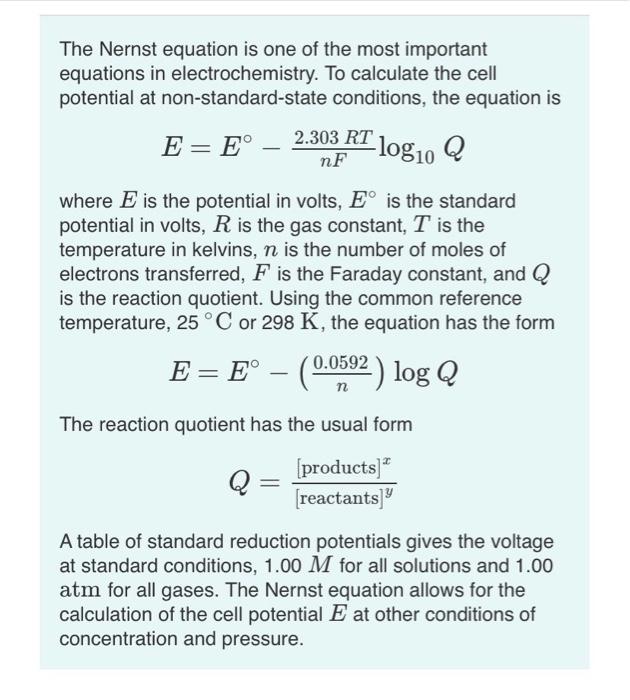 Solved The Nernst equation is one of the most important | Chegg.com