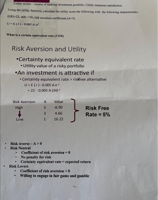 Solved means of ranking investment portfolio. Utility | Chegg.com