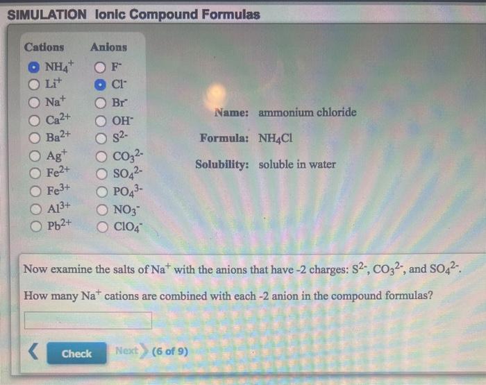 Solved SIMULATION Ionic Compound Formulas Cations NH4+ Lit | Chegg.com
