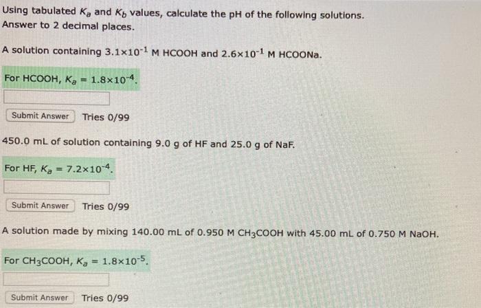 Solved Using tabulated K, and Ky values, calculate the pH of | Chegg.com