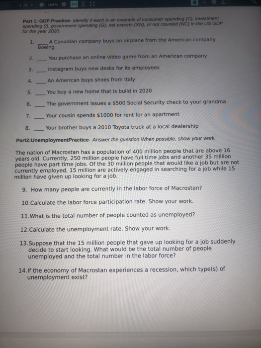 Solved Part 1: GDP Practice- Identity if each is an example | Chegg.com