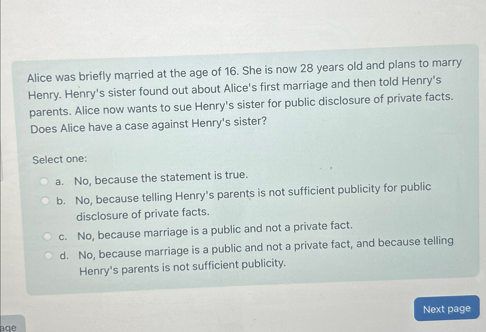 Solved Alice was briefly married at the age of 16 . ﻿She is | Chegg.com