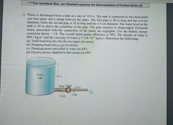 Solved ***For turbulent flow, use Haaland equation for | Chegg.com