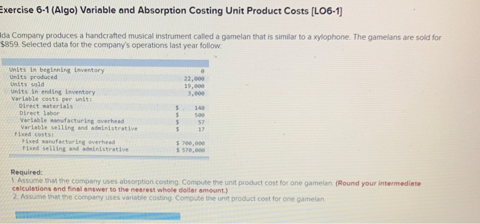 Solved Exercise 6-1 (Algo) Variable and Absorption Costing | Chegg.com