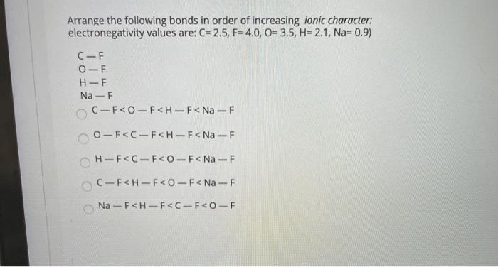 Solved Arrange the following bonds in order of increasing | Chegg.com