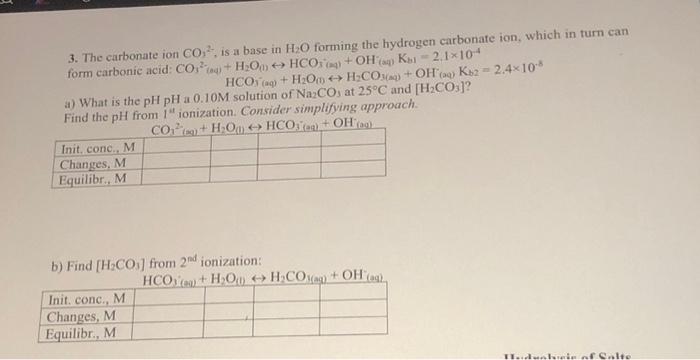 Solved 3. The carbonate ion CO32, is a base in H₂O forming | Chegg.com