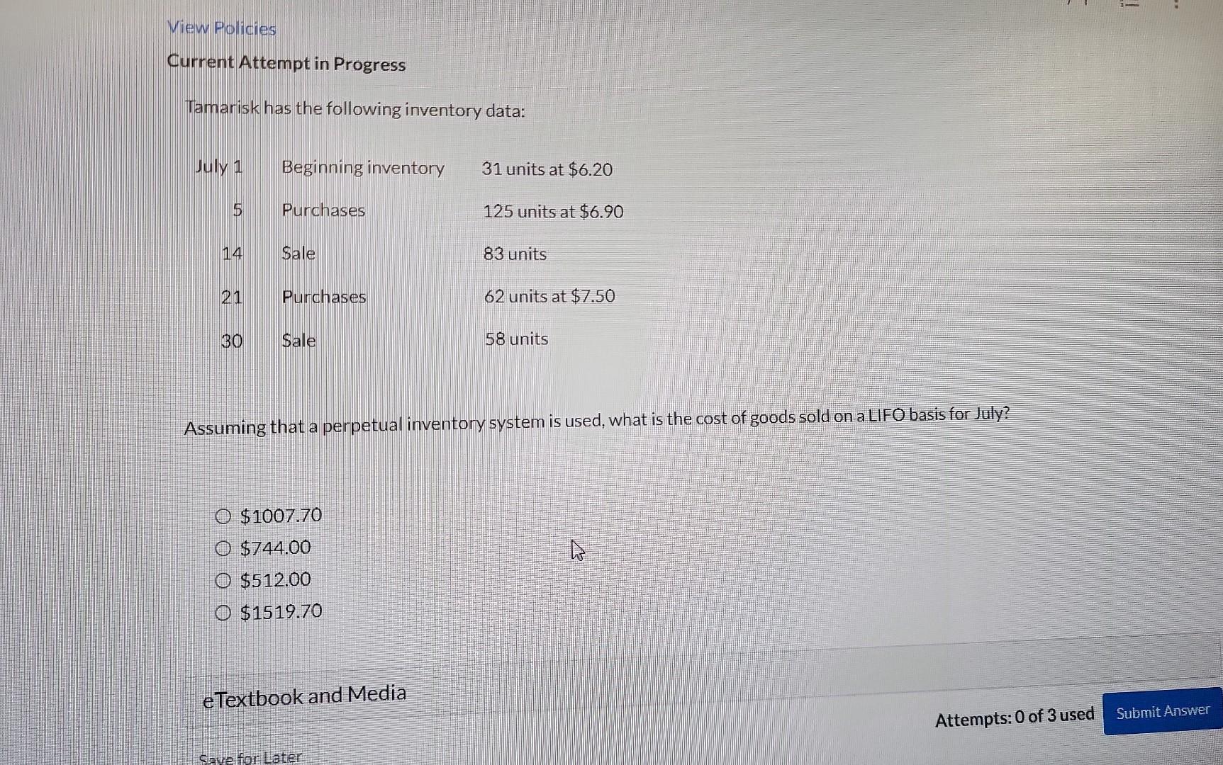 Solved Current Attempt in Progress Tamarisk has the | Chegg.com