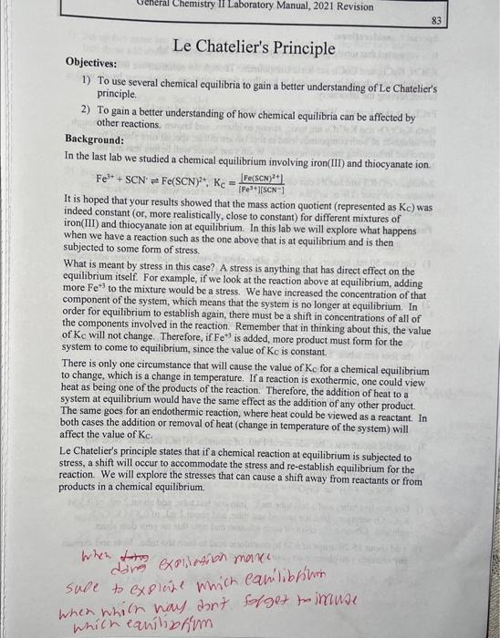 Solved Le Chatelier's Principle Objectives: 1) To use | Chegg.com