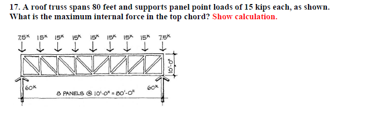 [Solved]: 17. A roof truss spans 80 feet and supports panel