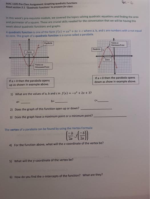 Solved MAC 1105 Pre-Class Assignment: Graphing quadratic | Chegg.com