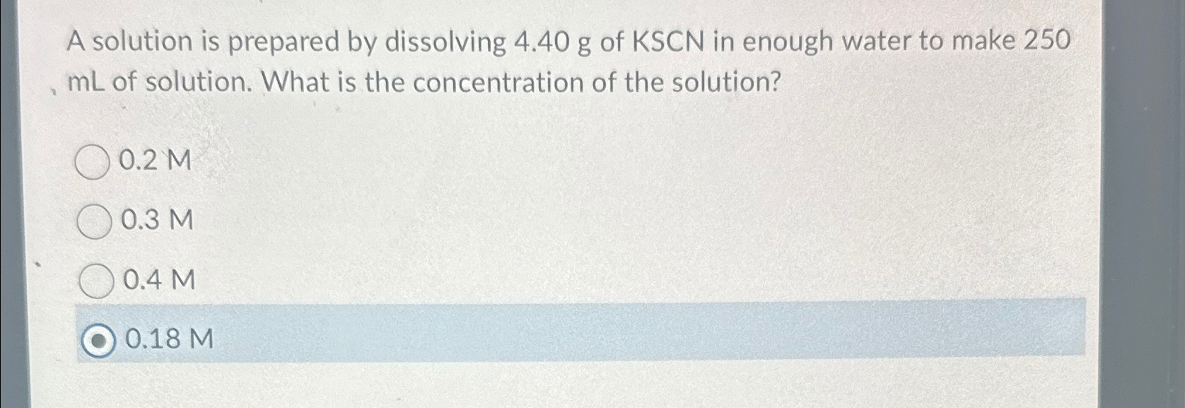 Solved A solution is prepared by dissolving 4.40g ﻿of KSCN | Chegg.com