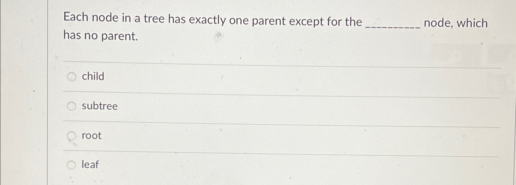 Solved Each node in a tree has exactly one parent except for | Chegg.com