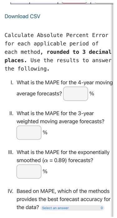 Download CSV Calculate Absolute Percent Error for | Chegg.com