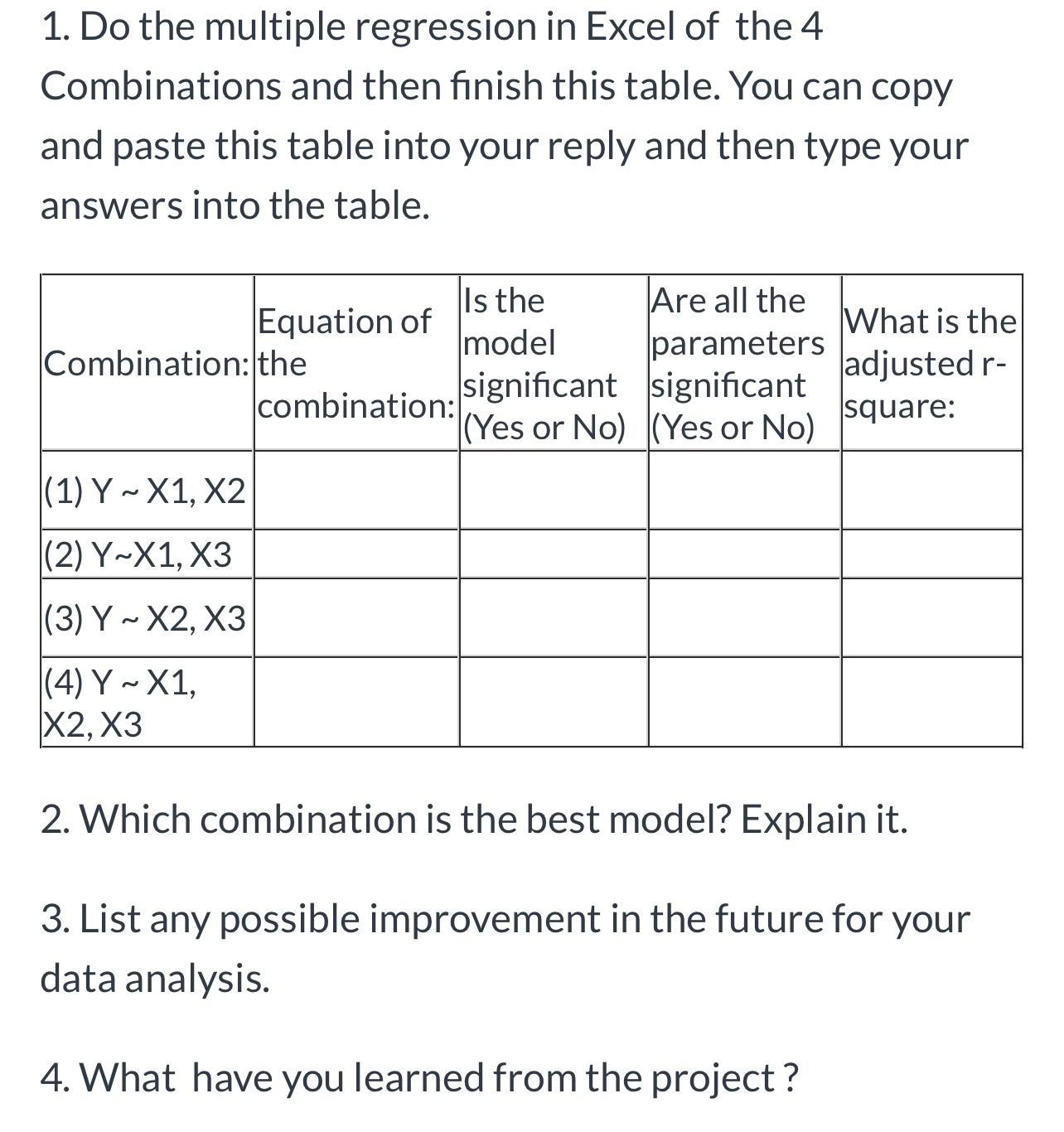 Do the multiple regression in Excel of the 4 | Chegg.com