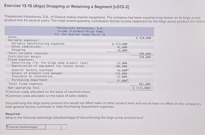 Solved Exercise 13-15 (Algo) Dropping or Retaining a Segment | Chegg.com