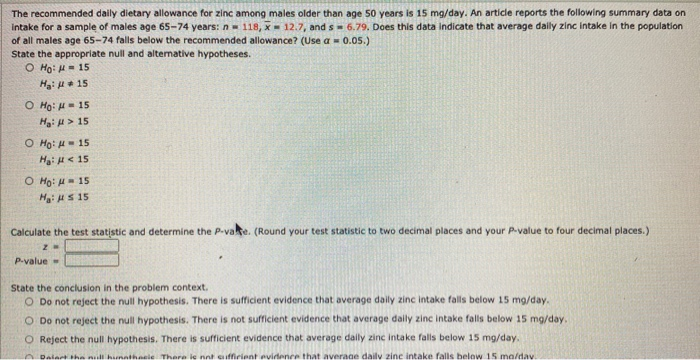 Solved The recommended daily dietary allowance for zinc | Chegg.com