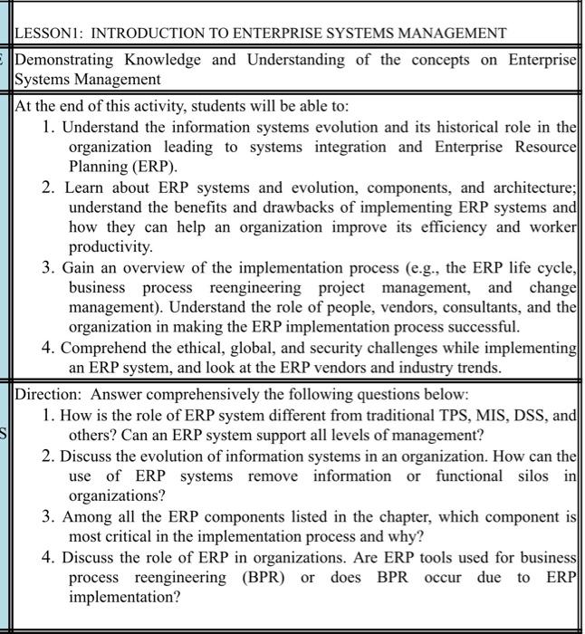Solved LESSON1: INTRODUCTION TO ENTERPRISE SYSTEMS | Chegg.com