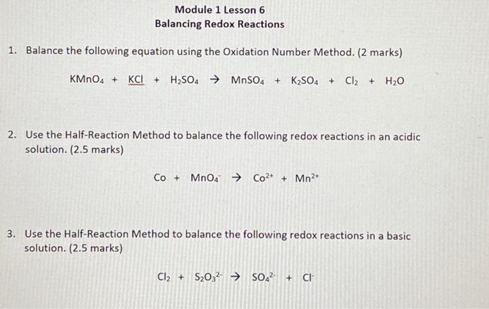 Solved Module 1 Lesson 6 Balancing Redox Reactions 1. | Chegg.com