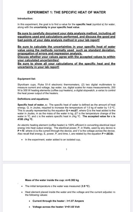 Solved EXPERIMENT 1: THE SPECIFIC HEAT OF WATER | Chegg.com
