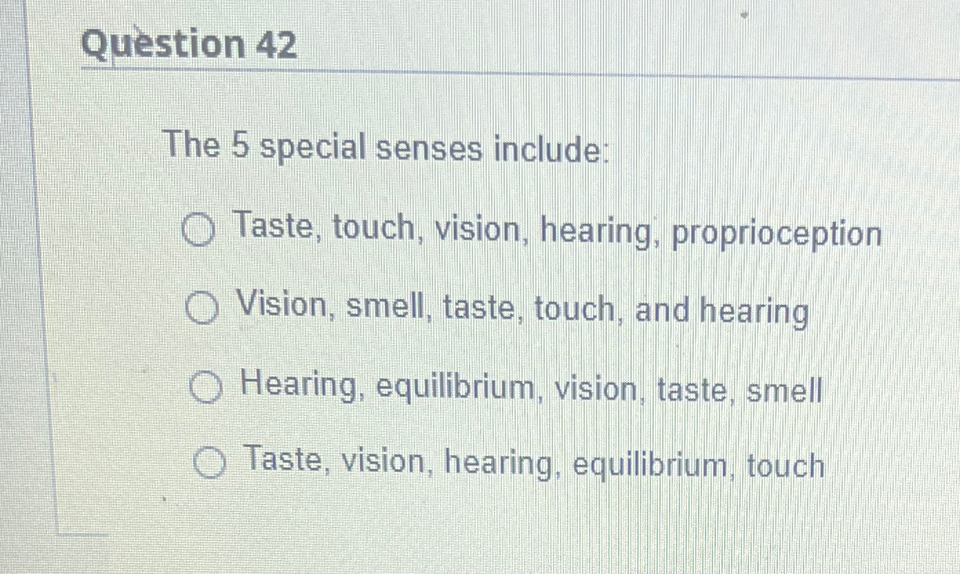 Solved Question 42The 5 ﻿special senses include:Taste, | Chegg.com