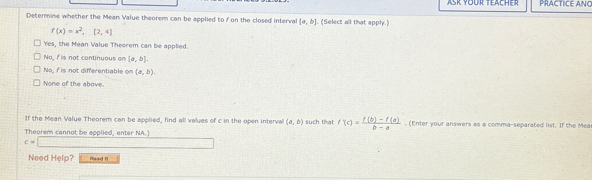 Solved Determine whether the Mean Value theorem can be | Chegg.com