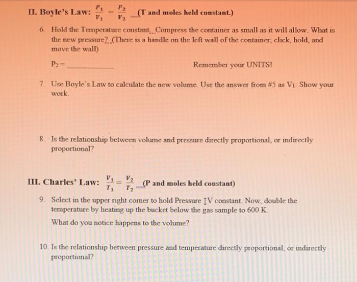 I. - Using the PhET simulation 1. Open Gas Properties | Chegg.com