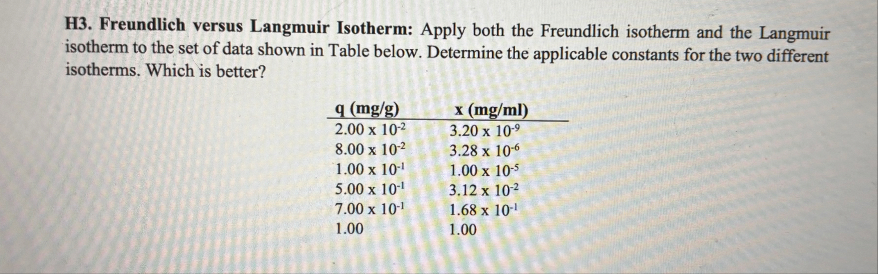 H3. ﻿Freundlich versus Langmuir Isotherm: Apply both | Chegg.com
