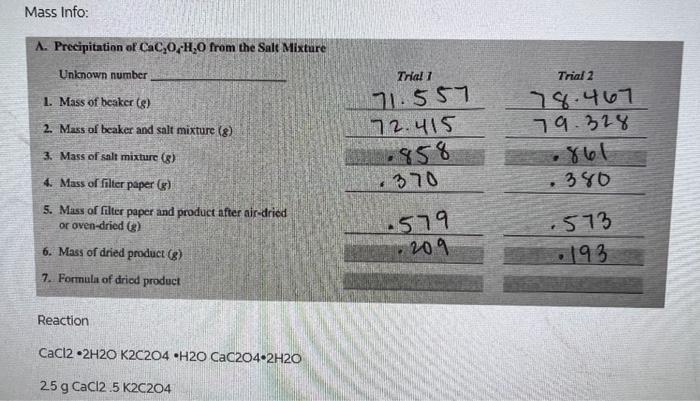 Solved For trial 1, the moles of the CaC2O4 precipitate are | Chegg.com