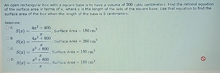 Solved An open rectangular box with a square base is to have | Chegg.com